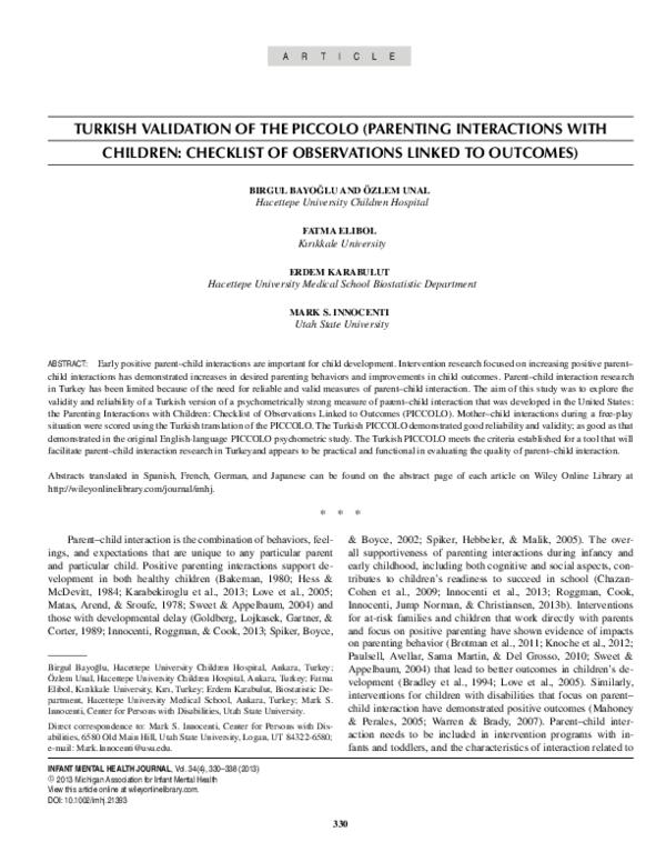 (PDF) Turkish Validation of the PICCOLO (Parenting Interactions with ...
