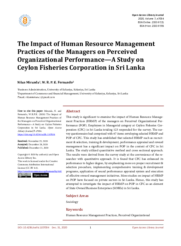 (PDF) The Impact of Human Resource Management Practices of the Managers on Perceived ...