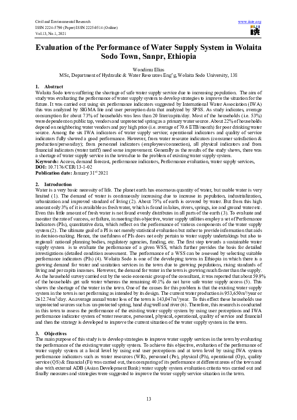 (PDF) Evaluation of the Performance of Water Supply System in Wolaita ...