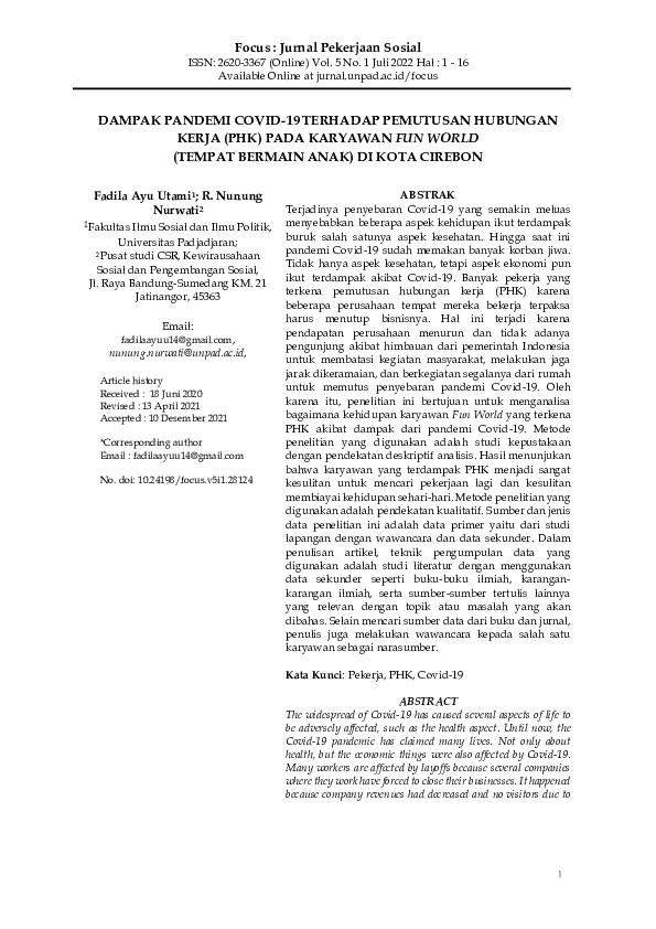 (PDF) Dampak Pandemi COVID-19 Terhadap Pemutusan Hubungan Kerja (PHK ...