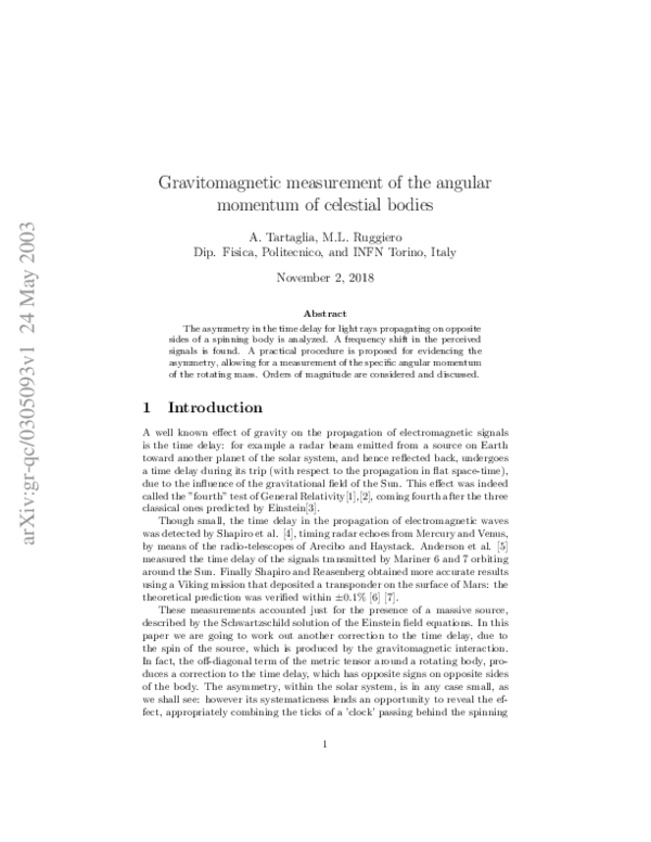 (PDF) Gravitomagnetic Measurement of the Angular Momentum of Celestial Bodies