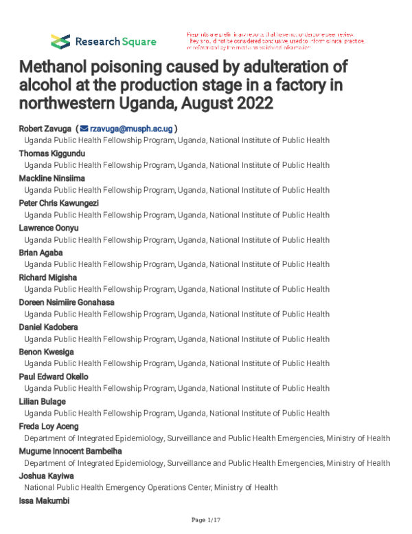Pdf Methanol Poisoning Caused By Adulteration Of Alcohol At The Production Stage In A Factory