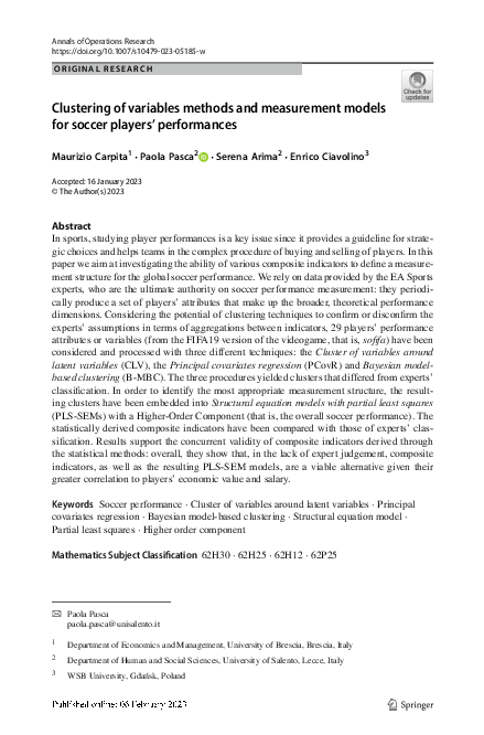 (PDF) Clustering of variables methods and measurement models for soccer players’ performances