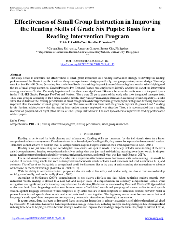 (PDF) Effectiveness of Small Group Instruction in Improving the Reading Skills of Grade Six ...