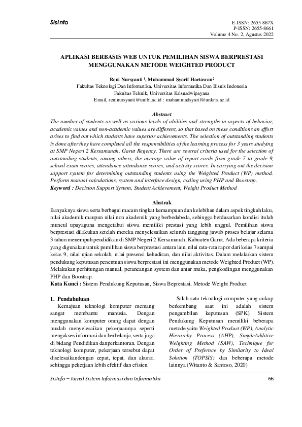 Pdf Aplikasi Berbasis Web Untuk Pemilihan Siswa Berprestasi