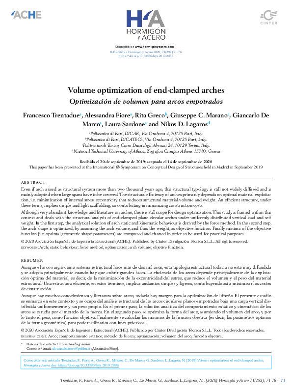 (PDF) Volume optimization of end-clamped arches