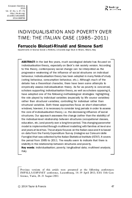 (PDF) Individualisation and Poverty Over Time: The Italian Case (1985–2011)