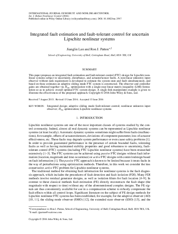 (PDF) Integrated Fault Estimation and Fault Tolerant Control Design for ... (PDF) Integrated Fault Estimation and Fault Tolerant Control Design for ...