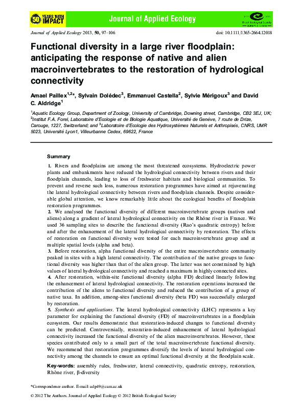 (PDF) Functional diversity in a large river floodplain: anticipating the response of native and ...