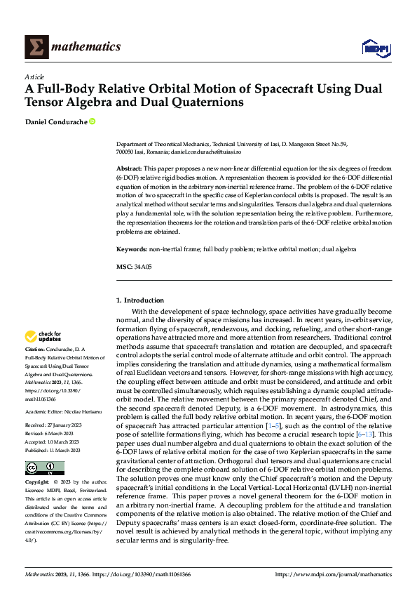 (PDF) A Full-Body Relative Orbital Motion of Spacecraft Using Dual Tensor Algebra and Dual ...