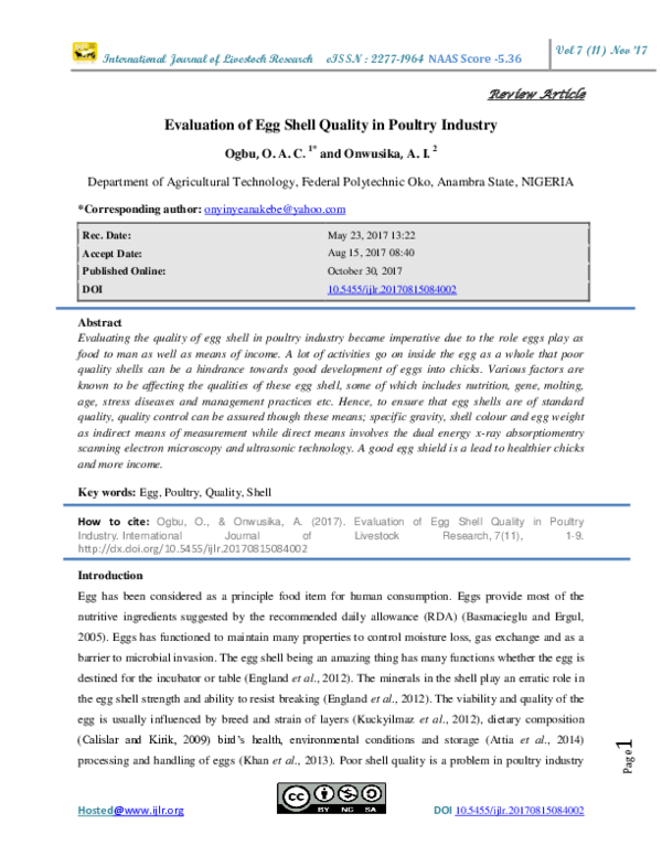 (PDF) Evaluation of Egg Shell Quality in Poultry Industry