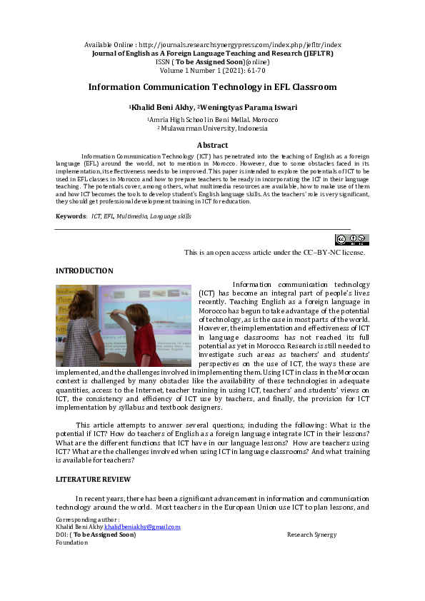 (PDF) Information Communication Technology in EFL Classroom
