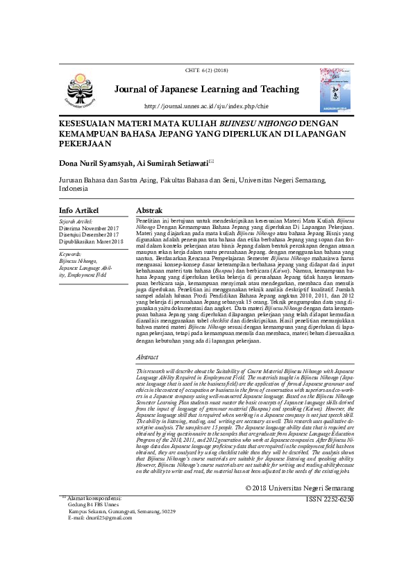 (PDF) Kesesuaian Materi Mata Kuliah Bijinesu Nihongo Dengan Kemampuan Bahasa Jepang Yang ...