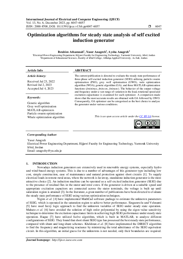 Pdf Optimization Algorithms For Steady State Analysis Of Self Excited Induction Generator