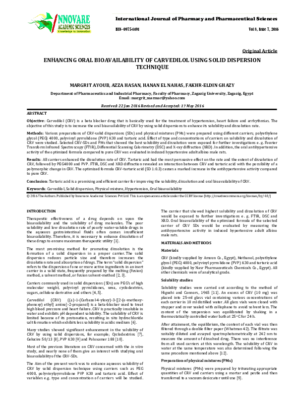 Pdf Enhancing Oral Bioavailability Of Carvedilol Using Solid Dispersion Technique Original