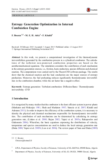 (PDF) Entropy Generation Optimization in Internal Combustion Engine | fethi bouras - Academia.edu