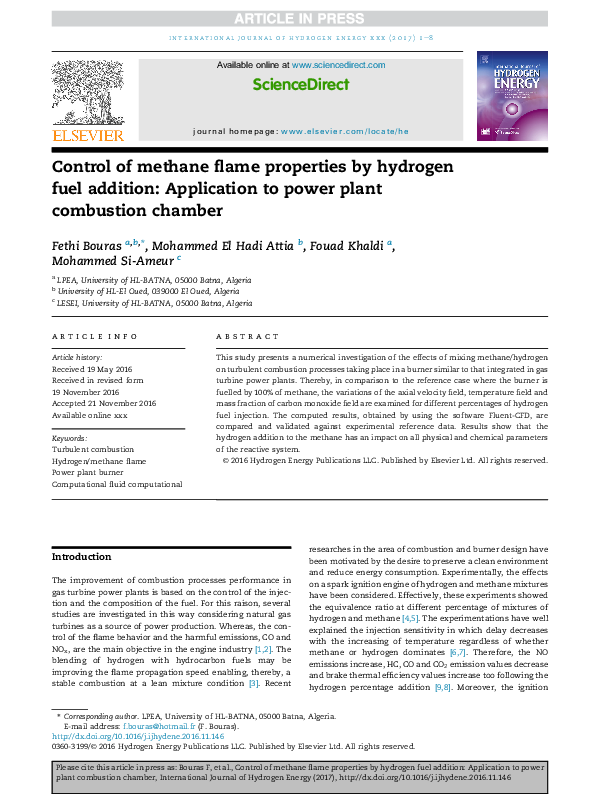(PDF) Control of methane flame properties by hydrogen fuel addition: Application to power plant ...
