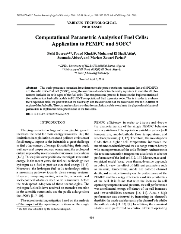 (PDF) Computational parametric analysis of fuel cells: Application to PEMFC and SOFC