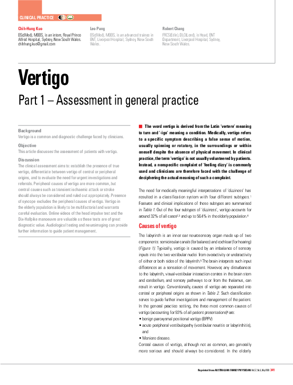(PDF) Vertigo - part 1 - assessment in general practice | Leo Pang ...