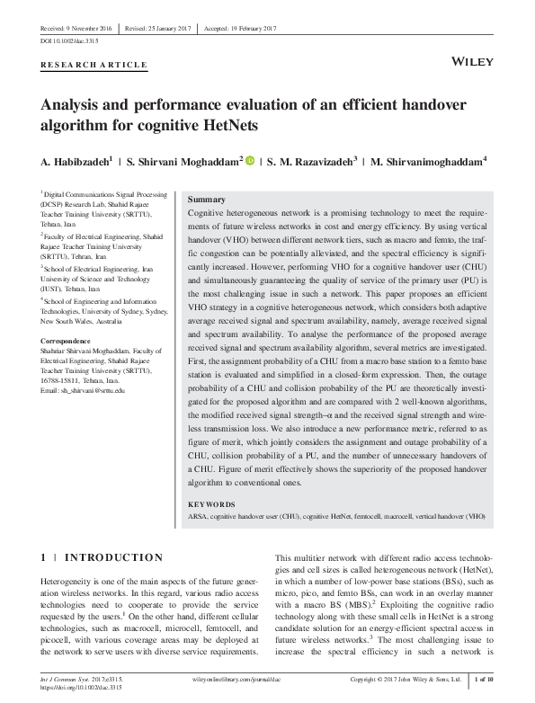 Pdf Analysis And Performance Evaluation Of An Efficient Handover Algorithm For Cognitive Hetnets