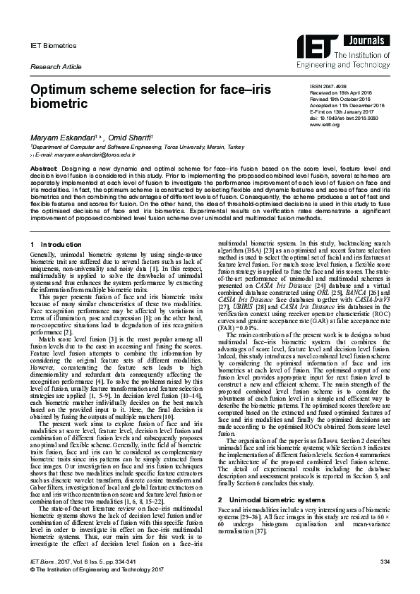 (PDF) Optimum scheme selection for face–iris biometric