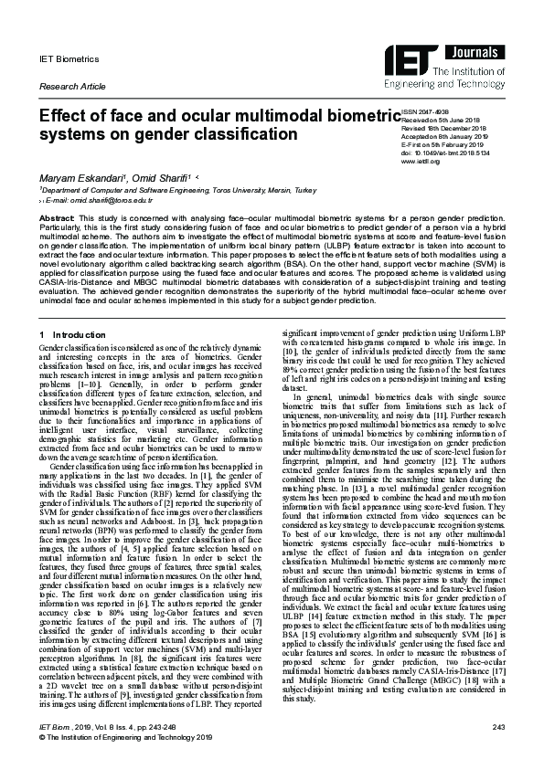 (PDF) Effect of face and ocular multimodal biometric systems on gender classification