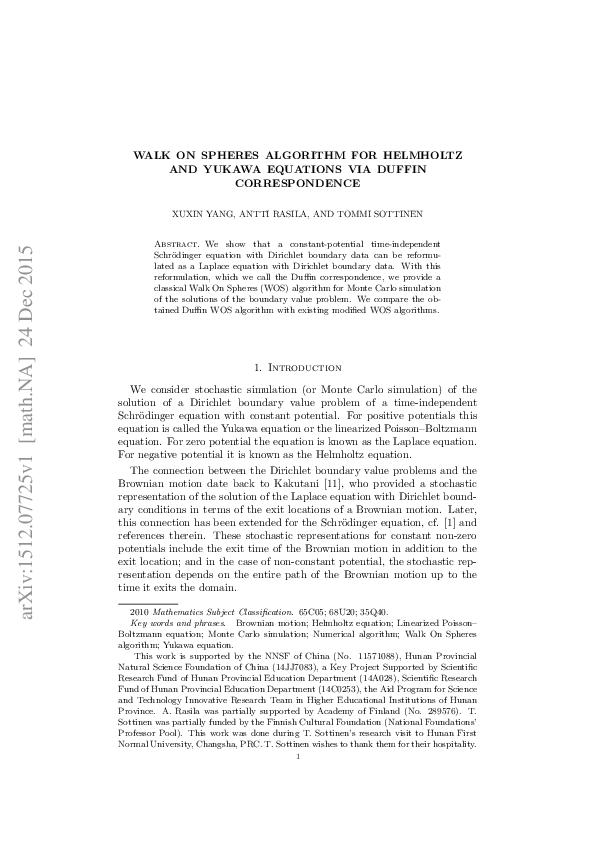 (PDF) Walk on Spheres Algorithm for Helmholtz and Yukawa Equations via Duffin Correspondence