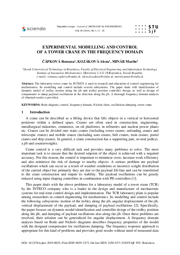 (PDF) Experimental Modelling and Control of a Tower Crane in the ...