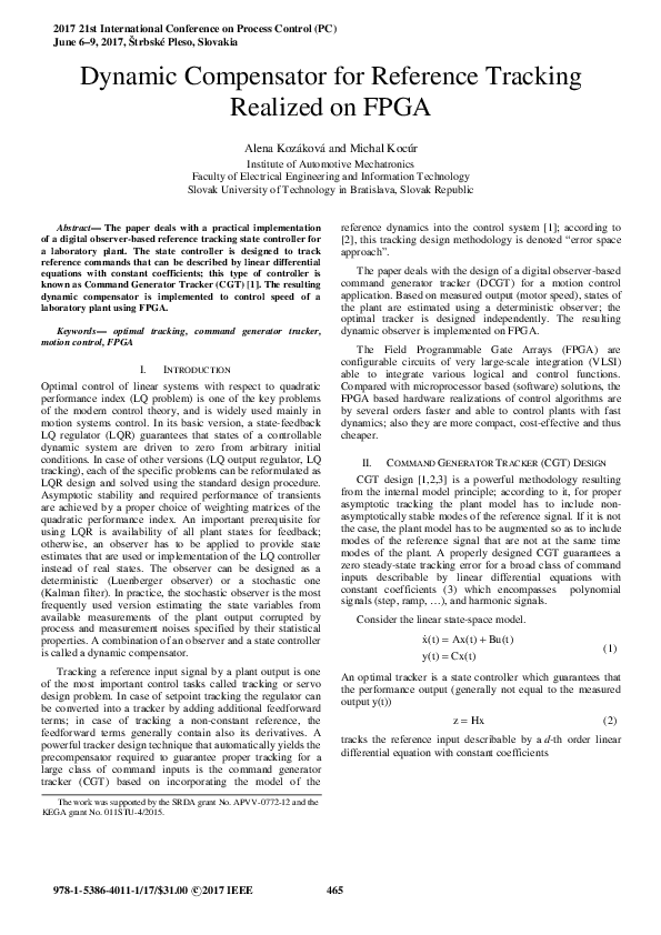 (PDF) Dynamic compensator for reference tracking realized on FPGA | alena kozakova - Academia.edu