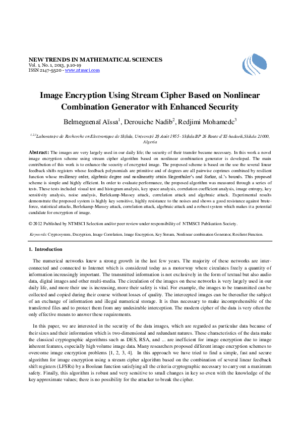 (PDF) Image Encryption Using Stream Cipher Based on Nonlinear Combination Generator with ...