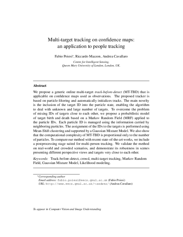 (PDF) Multi-target tracking on confidence maps: An application to people tracking