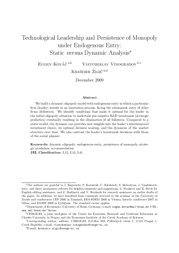 (PDF) Technological leadership and persistence of monopoly under endogenous entry: Static versus ...