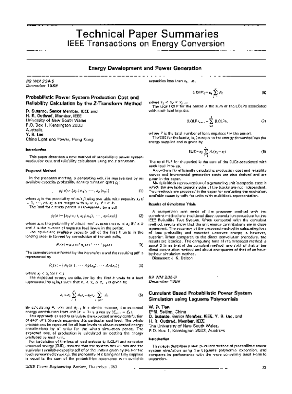 (PDF) Probabilistic power system production cost and reliability calculation by the Z-transform ...