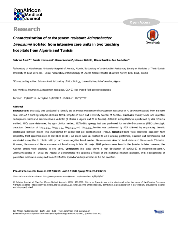 (PDF) Characterization of carbapenem resistant acinetobacter baumannii isolated from intensive ...
