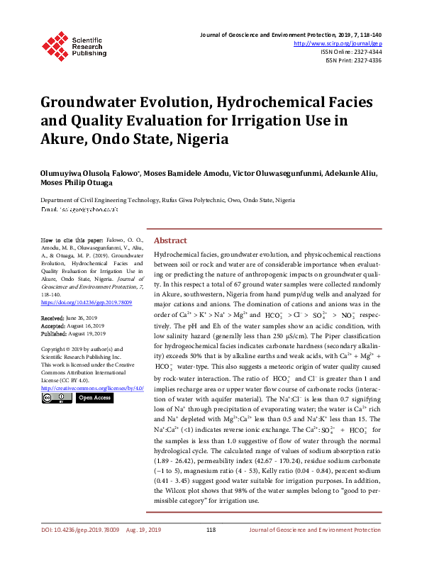 (PDF) Groundwater Evolution, Hydrochemical Facies and Quality Evaluation for Irrigation Use in ...