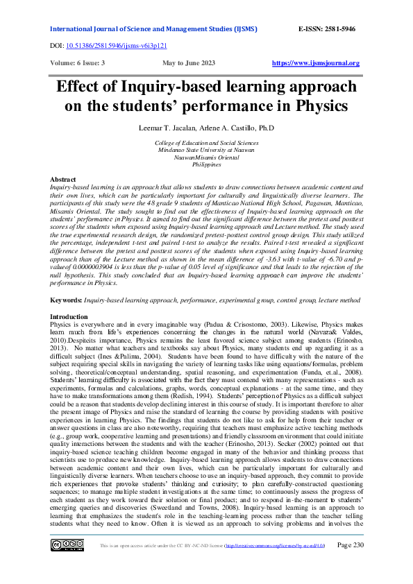 (PDF) Effect of Inquiry-based learning approach on the students’ performance in Physics