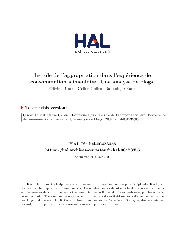 (PDF) Le rôle de l’appropriation dans l’expérience de consommation alimentaire