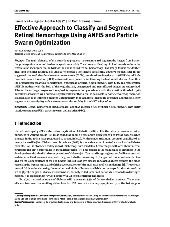 Pdf Effective Approach To Classify And Segment Retinal Hemorrhage Using Anfis And Particle