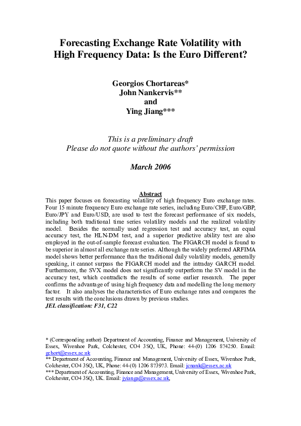 (PDF) Forecasting Exchange Rate Volatility with High Frequency Data: Is the Euro Different ...