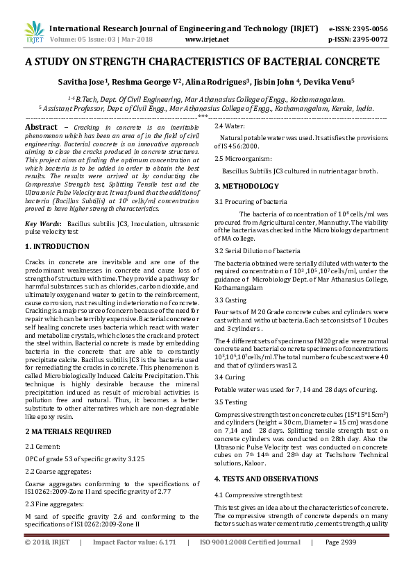 (PDF) A Study on Strength Characteristics of Bacterial Concrete ... (PDF) A Study on Strength Characteristics of Bacterial Concrete ...