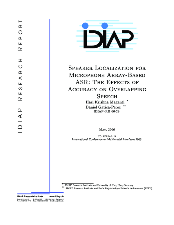 Pdf Speaker Localization For Microphone Array Based Asr