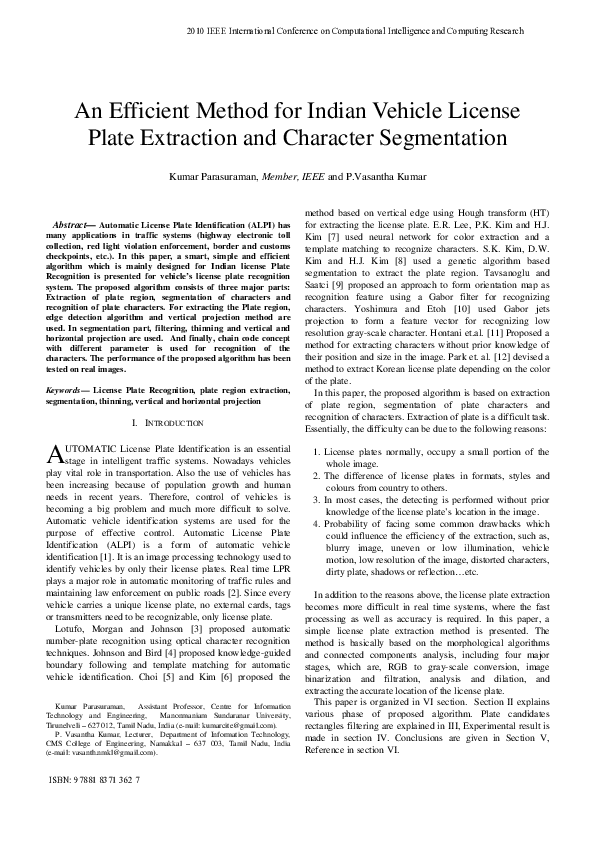 (PDF) An Efficient Method for Indian Vehicle License Plate Extraction and Character Segmentation