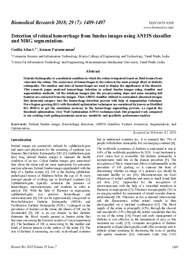 Pdf Detection Of Retinal Hemorrhage From Fundus Images Using Anfis Classifier And Mrg Segmentation