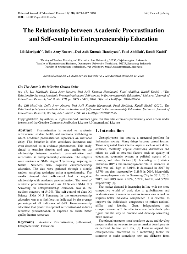 (PDF) The Relationship between Academic Procrastination and Self-control in Entrepreneurship ...
