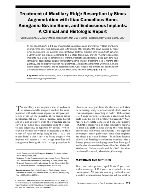 (PDF) Treatment of maxillary ridge resorption by sinus augmentation ...