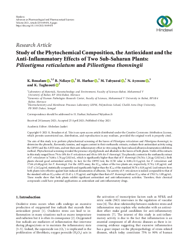 (PDF) Study of the Phytochemical Composition, the Antioxidant and the Anti-Inflammatory Effects ...