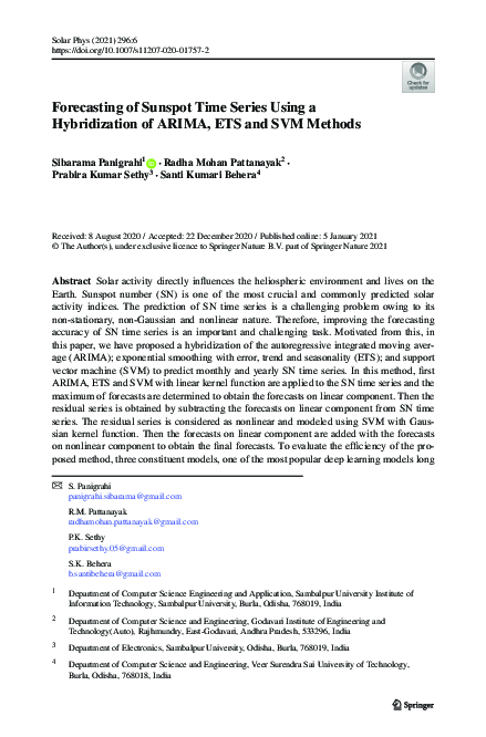 (PDF) Forecasting of Sunspot Time Series Using a Hybridization of ARIMA, ETS and SVM Methods