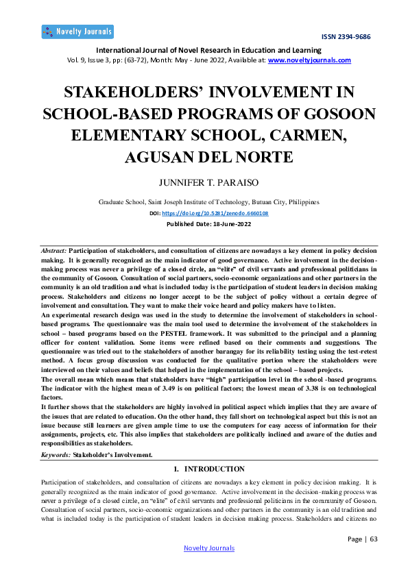 (PDF) Stakeholders' Involvement in School-Based Programs of Gosoon Elementary School, Carmen ...