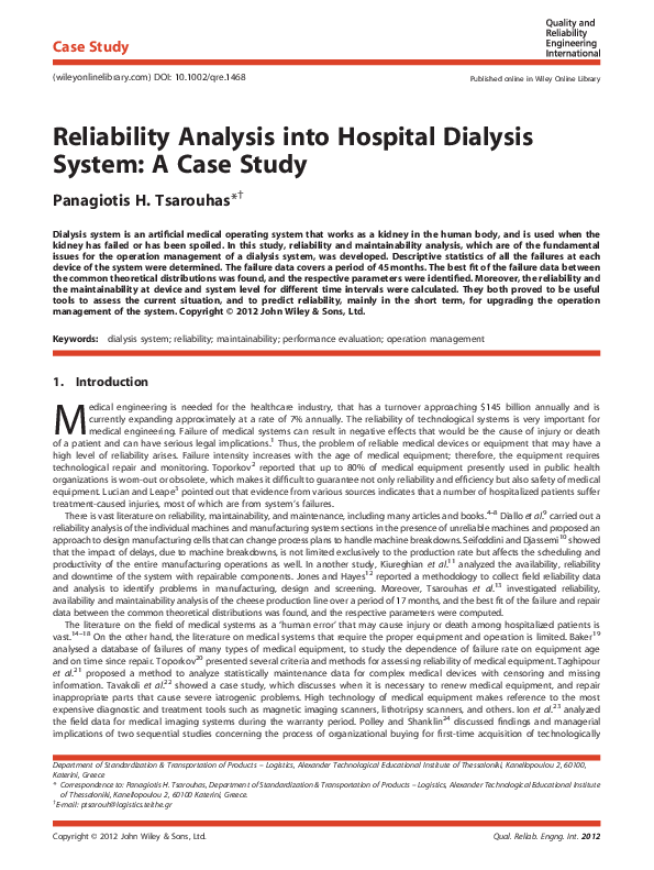 (PDF) Reliability Analysis into Hospital Dialysis System: A Case Study