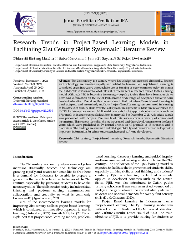 (PDF) Research Trends in Project-Based Learning Models in Facilitating 21st Century Skills ...